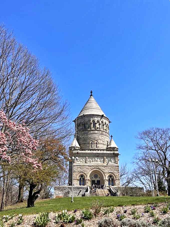 The James A. Garfield Memorial towers majestically, offering panoramic views of Cleveland and Lake Erie from its balcony.