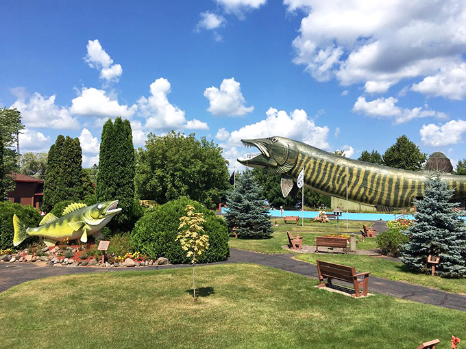 Beautifully maintained gardens wind through the grounds, offering peaceful spots to rest between fishing exhibits.