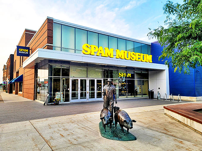 Outside the museum, a bronze farmer and pigs statue pays homage to the agricultural heritage that made Austin, Minnesota the spiritual homeland of SPAM&reg;.