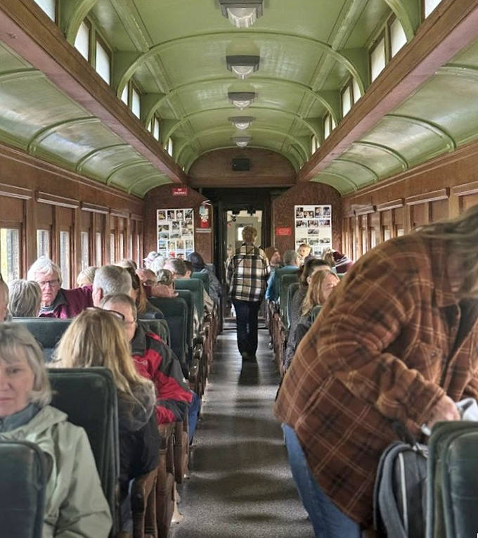 Inside the historic coach, passengers gather in comfortable community, sharing the collective joy of slow travel through spectacular scenery.