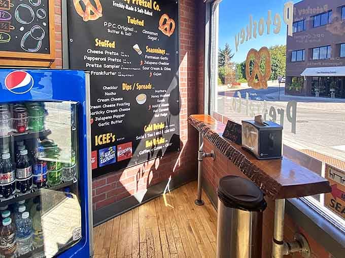 Another angle reveals more of the charming interior where pretzel pilgrims gather to worship at the altar of perfectly baked dough.