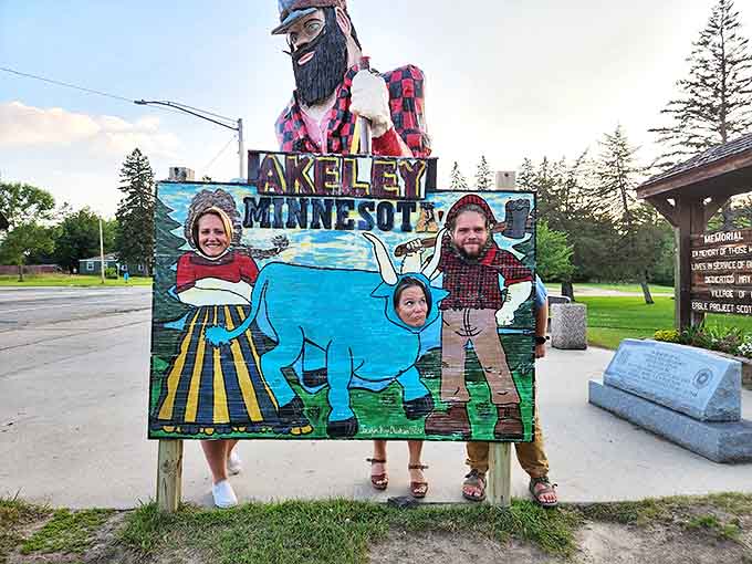 Visitors can become part of Akeley's folklore through this charming photo cutout featuring Paul, Babe the Blue Ox, and local characters.