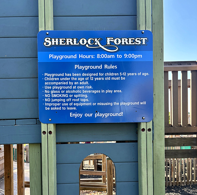 The playground's rules sign reminds visitors this magical kingdom was designed with children ages 5-12 in mind.