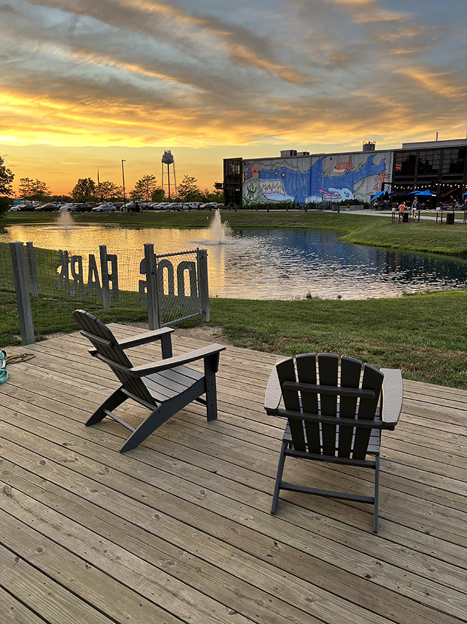 Sunset over the reflection pond creates postcard-worthy moments, proving that nature and beer make perfect companions at day's end.