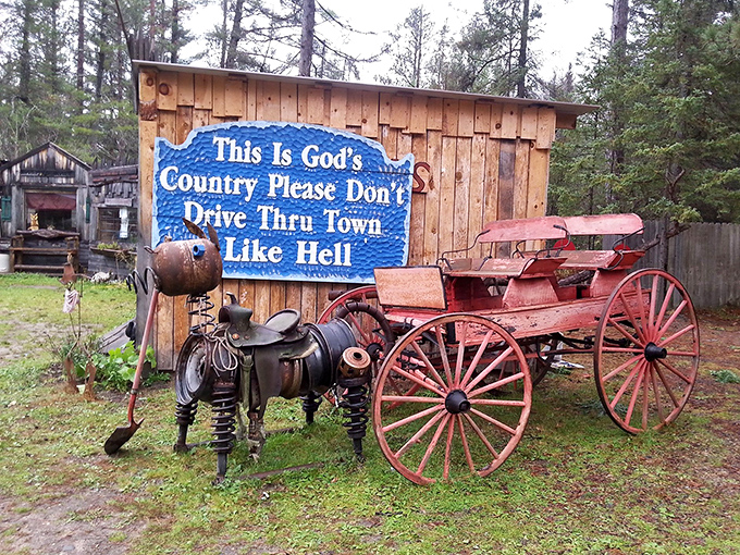 "Don't drive through town like hell" warns the sign&mdash;sage advice whether you're on horseback or in a Hyundai.