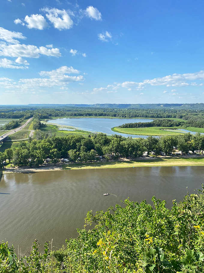 Mother Nature's patchwork quilt spreads out below—forests, wetlands, and the winding river creating a landscape worthy of a masterpiece painting.