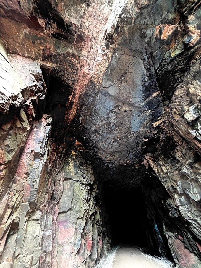 The tunnel's dramatic interior reveals the remarkable craftsmanship of railway engineers who carved these passages through solid bedrock.