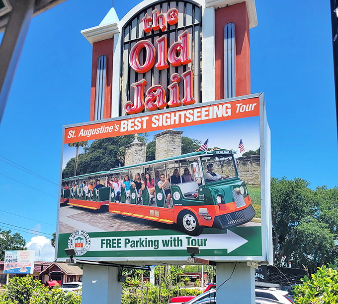 Bold signage promotes the Old Jail's popular tours &ndash; a testament to how yesterday's punishment has become today's fascinating attraction.