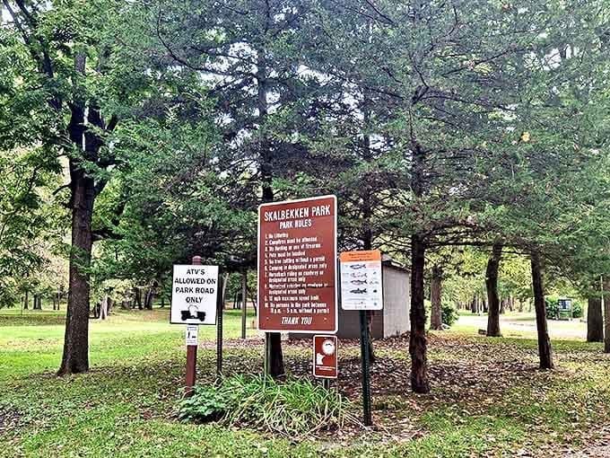 Skalbekken Park's informative signs welcome visitors to explore its trails, where adventure awaits just beyond the tree line.