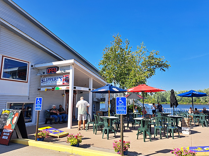 Slippery's outdoor patio offers front-row seats to nature's greatest show &ndash; the Mississippi River flowing past while eagles soar overhead and walleye leap below.