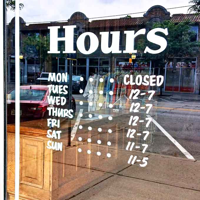 Even the hours sign has personality &ndash; hand-painted dots connecting days to times, suggesting the connection between past and present.