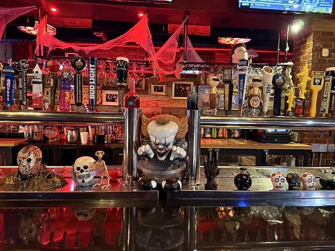 The bar area showcases an impressive collection of horror memorabilia, with Pennywise ensuring your drinks arrive frighteningly fast.