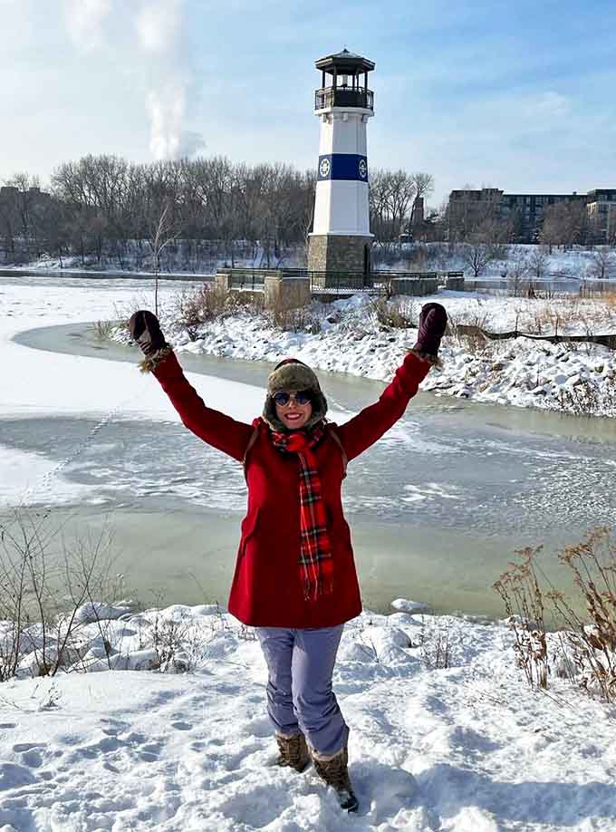 Visitors find joy in all seasons at Boom Island, where the lighthouse provides the perfect backdrop for memorable moments.