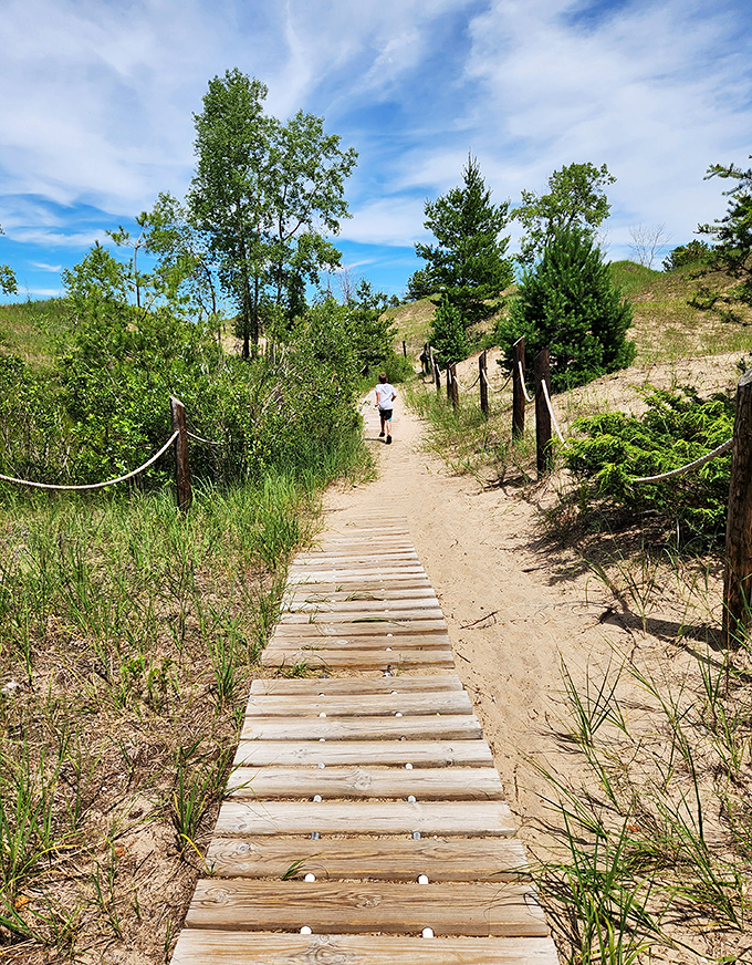 Sand dunes ripple toward the horizon, their undulating forms shaped by centuries of wind and weather.