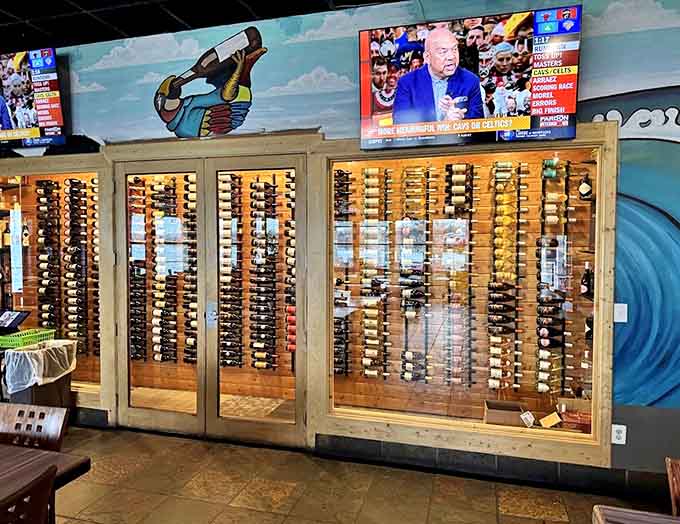 The impressive wine display showcases bottles from around the world, proving this beach bar takes its beverage program as seriously as its seafood.