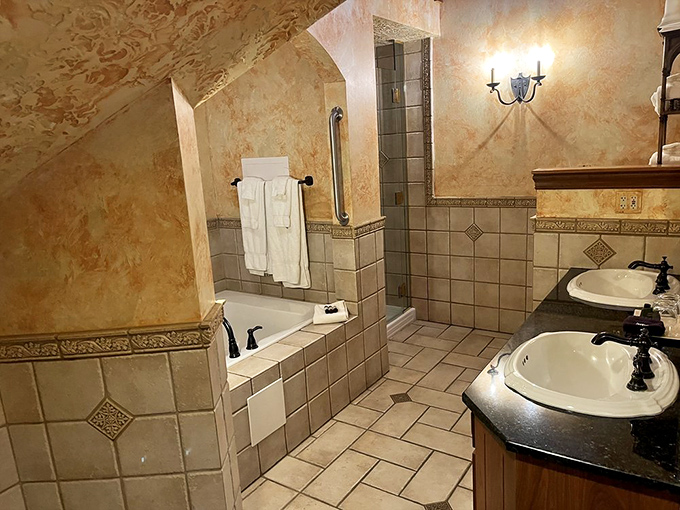 Even the bathrooms maintain the royal theme, with elegant fixtures that make ordinary routines feel like luxury rituals.