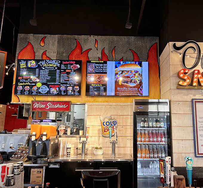 The beverage station offers liquid refreshment, but let's be honest &ndash; you're here for what comes from those smokers, not these taps.