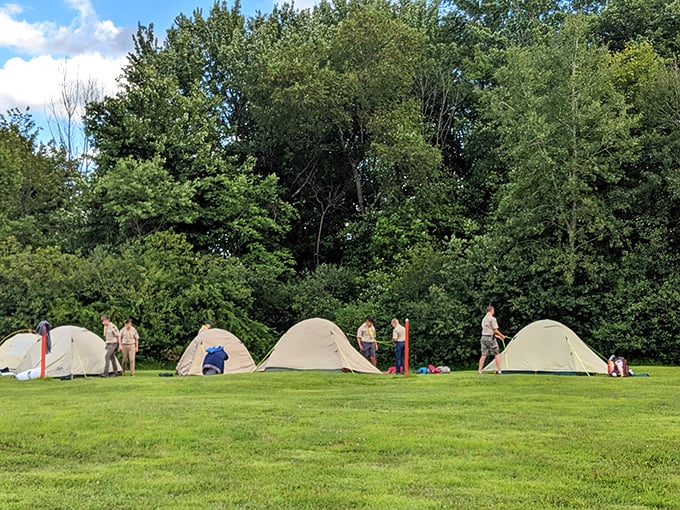 Canvas domes dot the grassy area, where scout troops turn movie night into a full camping adventure with silver screen dreams.