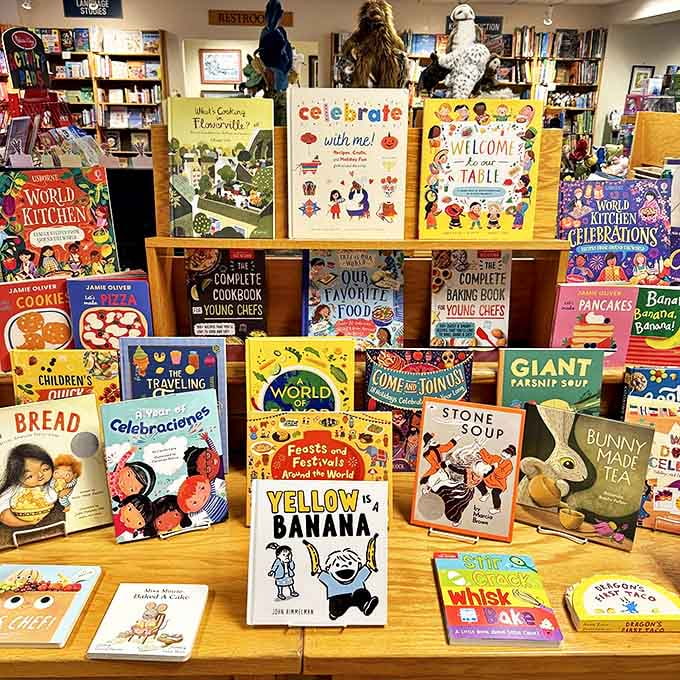 The children's section bursts with color and imagination &ndash; "Yellow is a Banana" sits alongside cookbooks designed for tiny chefs.