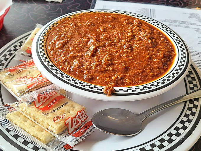 Carl's legendary chili comes with crackers on the side &ndash; thick, hearty, and exactly what you need on a cold Ohio day.