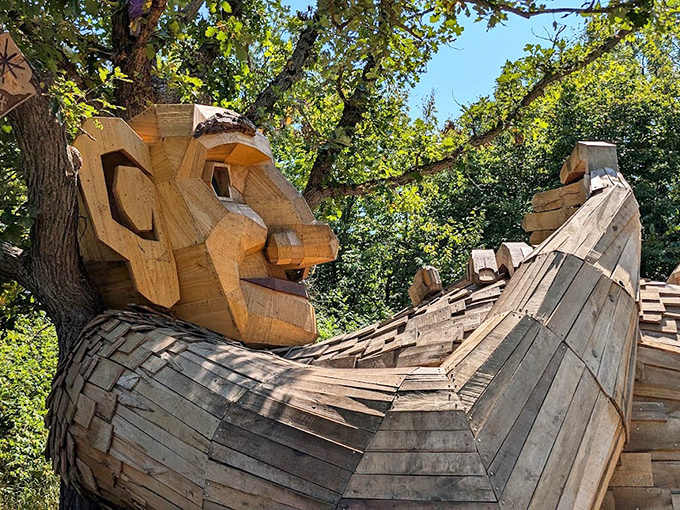 The craftsmanship up close reveals thousands of wooden pieces fitted together like a massive puzzle. Splinters have never looked so magnificent.