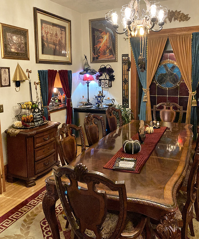 The dining room where breakfast becomes theater &ndash; those chairs have witnessed countless wide-eyed reactions to steampunk-inspired morning feasts.