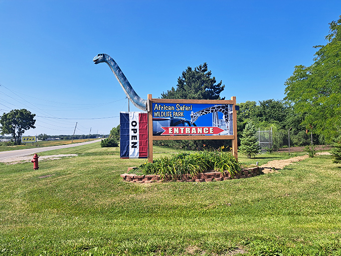 The park's entrance sign promises wild adventures ahead, complete with a towering dinosaur neck that hints at the scale of experiences inside.