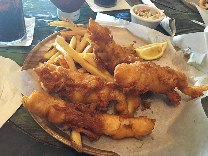 Golden-battered fish and chips that would make British pubs jealous, served with a side of "why can't all fried food be this good?"