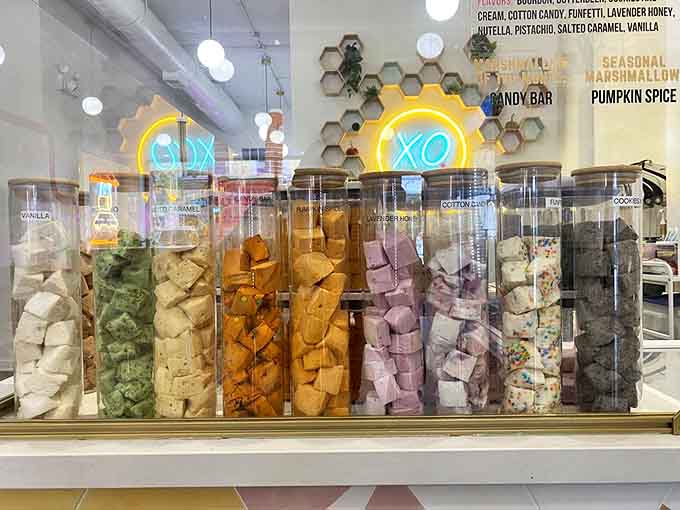 Transparent cylinders showcase a marshmallow color spectrum that would make Pantone jealous – from classic vanilla to vibrant birthday cake.