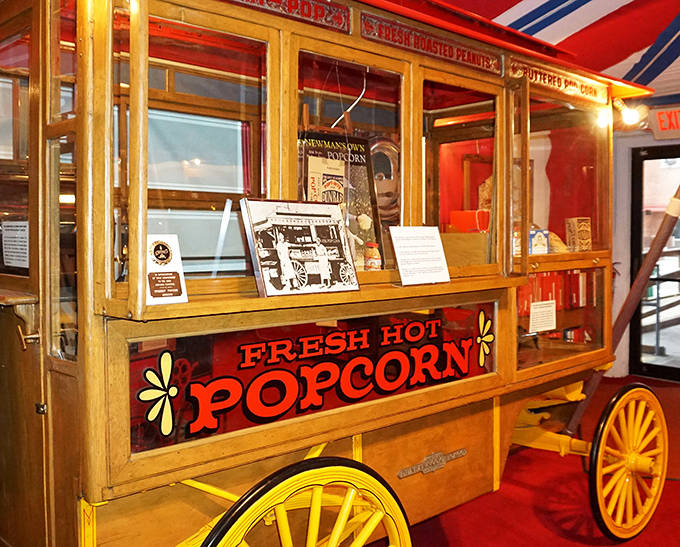 Fresh Hot Popcorn wasn't just a promise&mdash;it was street theater! These ornate wooden wagons turned snack-making into performance art for delighted crowds.