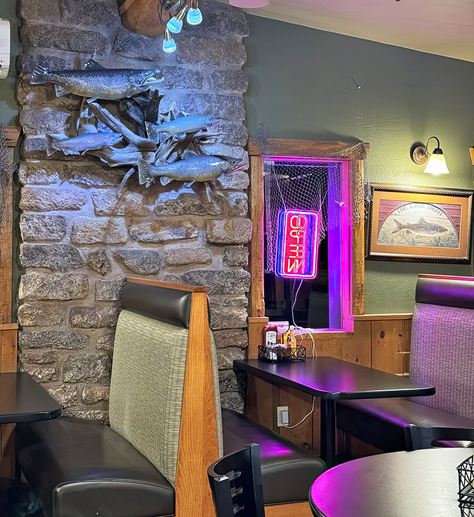 Fish mounted on stone walls and neon signs create that perfect Northwoods ambiance &ndash; upscale enough for date night, casual enough for Tuesday dinner.