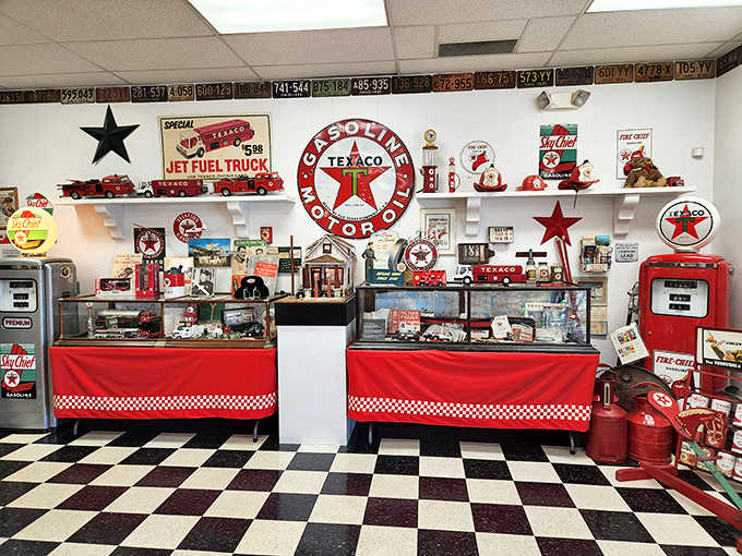 The Texaco memorabilia collection creates a vivid timeline of roadside Americana, from toy trucks to service uniforms all united by that iconic red star.