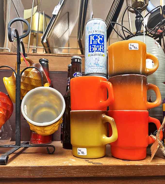 The gradient of vintage mugs tells the story of American breakfast rituals through colors that modern designers are desperately trying to recreate.
