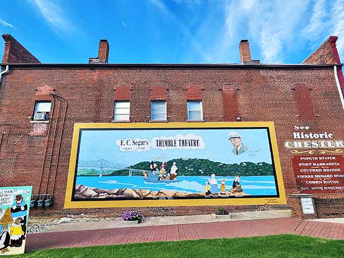 Colorful murals transform Chester's brick buildings into outdoor galleries celebrating the town's connection to America's favorite spinach-eating sailor and his adventures.