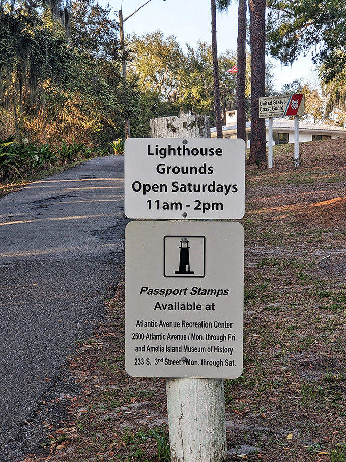 Saturday visits only! This sign reminds us that some treasures are worth planning for &ndash; lighthouse lovers, mark your calendars.