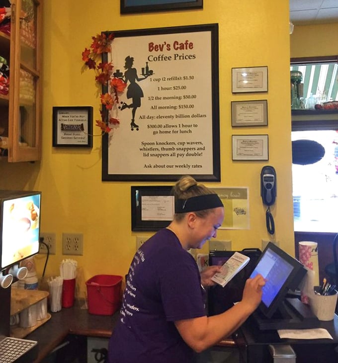 That humorous coffee pricing sign perfectly captures Bev's personality &ndash; friendly service with a side of small-town sass.