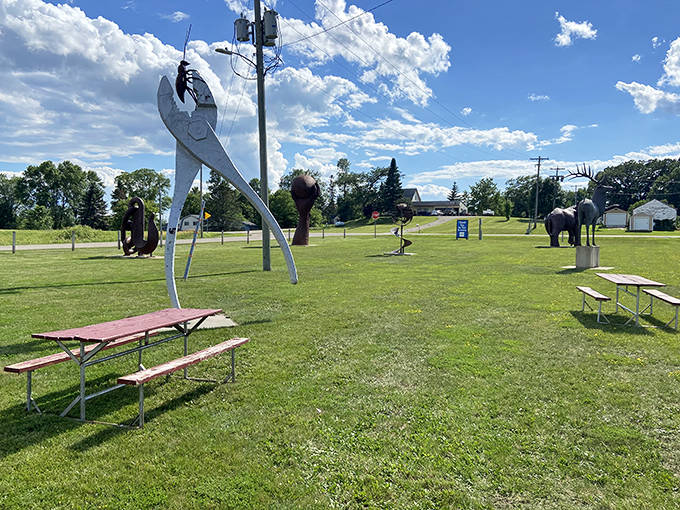Art with a side of lunch! Picnic tables invite visitors to linger longer among the metal giants that populate this unique sculpture park.