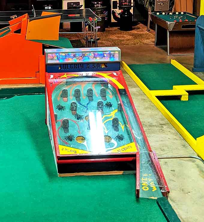 Vintage pinball machines add retro charm to an already nostalgic space that celebrates both past and present.