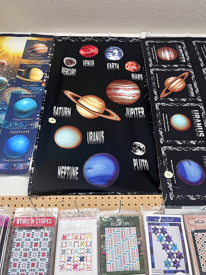 The planetary fabric display reaches for the stars, offering celestial designs that would make Neil deGrasse Tyson geek out completely.