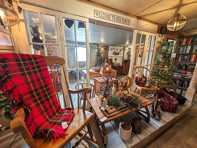 Vintage meets whimsy in this winter-themed display corner, where plaid blankets and nostalgic decorations create a cozy time capsule of holidays past.