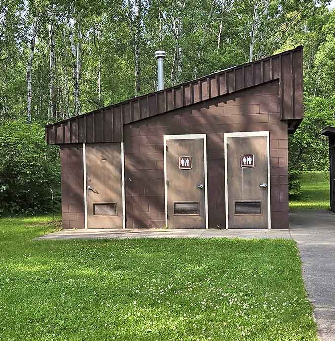 Architectural innovation meets practical necessity in these woodland facilities &ndash; surprisingly photogenic for a restroom.