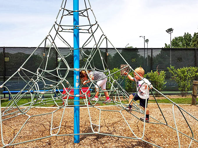 This web of ropes challenges young climbers to navigate their way to the top – part playground, part ninja warrior training.
