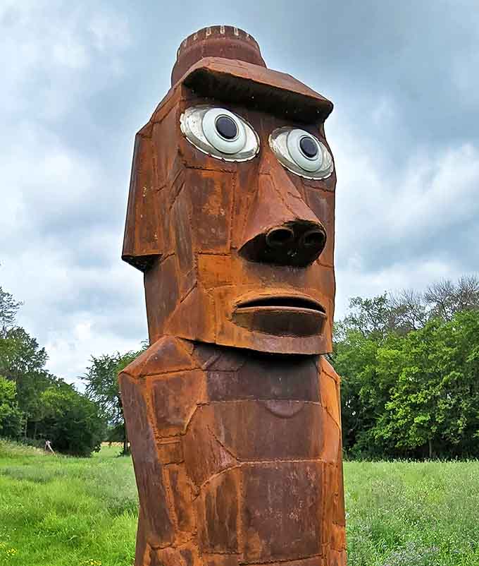 This Easter Island-inspired head watches over the sculpture garden with an expression that somehow manages to be both ancient and thoroughly modern.