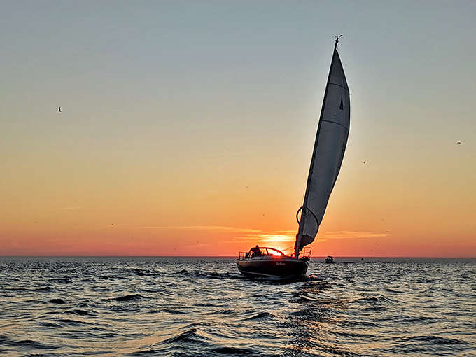 A sailboat glides across the sunset-painted water like it's auditioning for a postcard, and honestly, it's got the part nailed down perfectly.