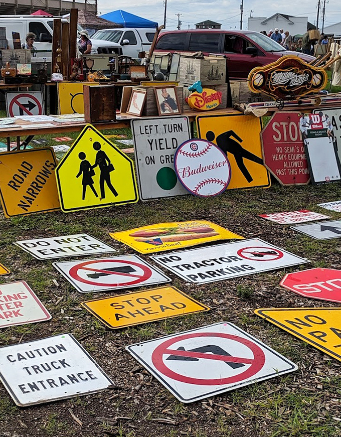 A collection of road signs that once guided travelers, now ready to add character to home bars and man caves.