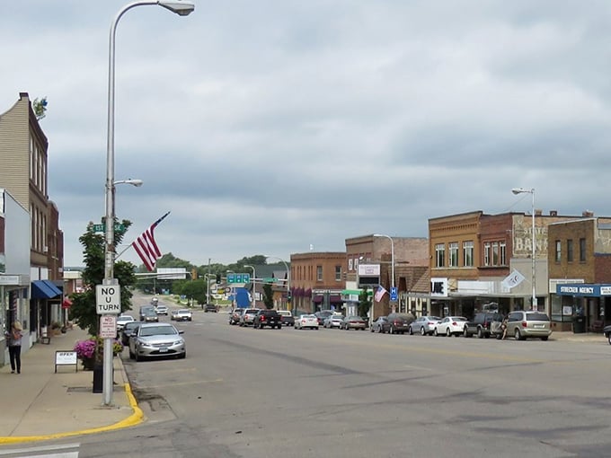 Even on cloudy days, Alexandria's downtown buzzes with activity, as locals and visitors alike enjoy the charm of this lakeside community.