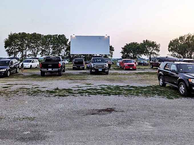 Under clear blue skies, the drive-in rests between showings, a peaceful sight that belies the excitement it will host when darkness falls.