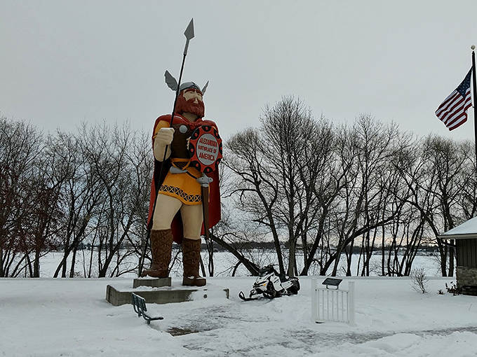Not even Minnesota's legendary winters can diminish Big Ole's majesty, as he stands unfazed by snow and ice like a true Scandinavian warrior.