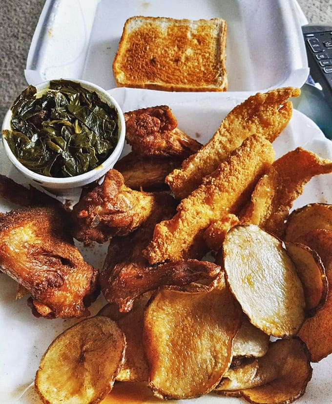 Soul-satisfying comfort on a plate: collard greens, crispy chicken, and those legendary house-made potato chips. Pure Minnesota magic.