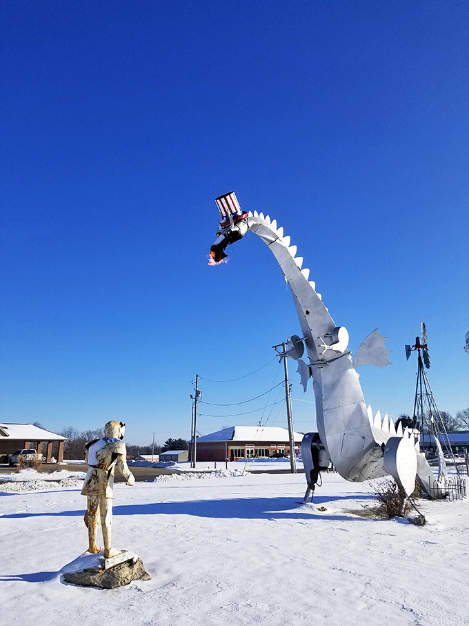 Even blanketed in snow, the dragon stands sentinel, its fire-breathing capabilities providing a warm contrast to winter's chill.